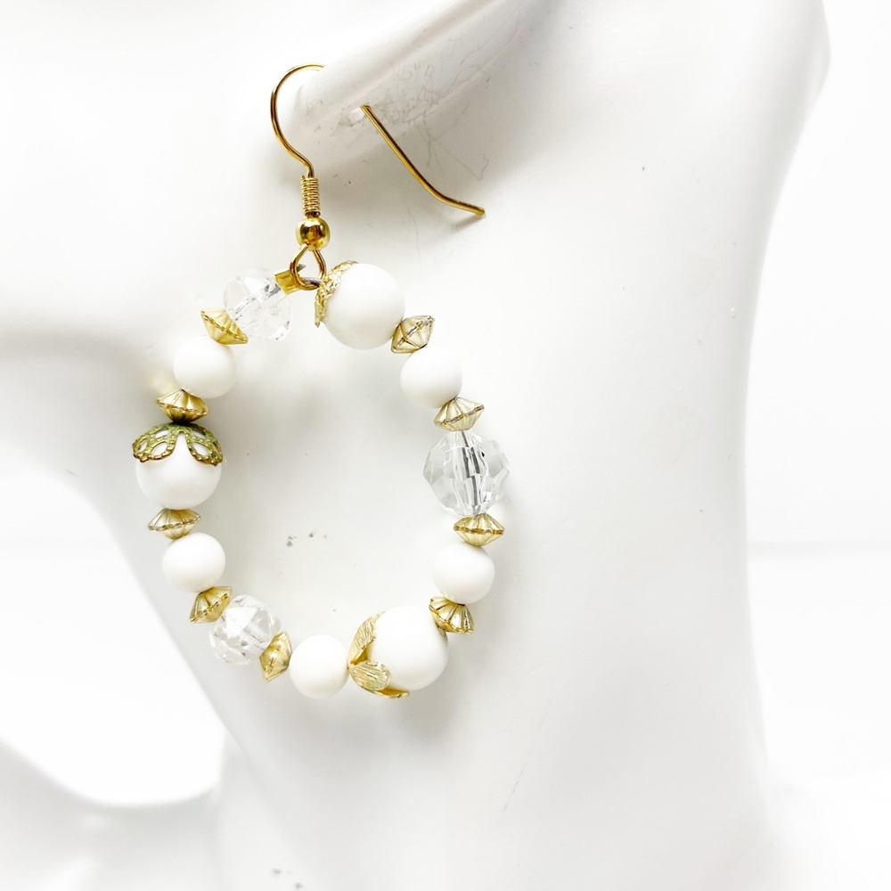 Handmade Crystals White & Gold Loop Beaded Earrings J… - Gem